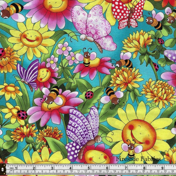 PIXIE PATCH SUNFLOWERS AND BUTTERFLIES TURQUOISE BY BLANK QUILTING